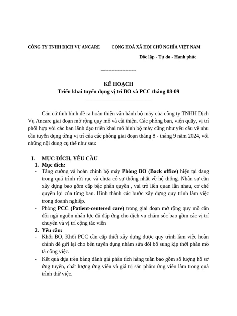 KẾ HOẠCH Triển khai tuyển dụng vị trí BO và PCC tháng 08-09 | PDF