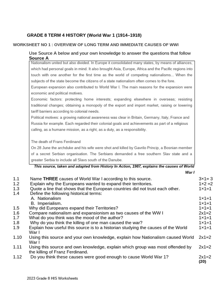 2023 Grade 8 T4 His Worksheets | PDF | Austria Hungary | Military