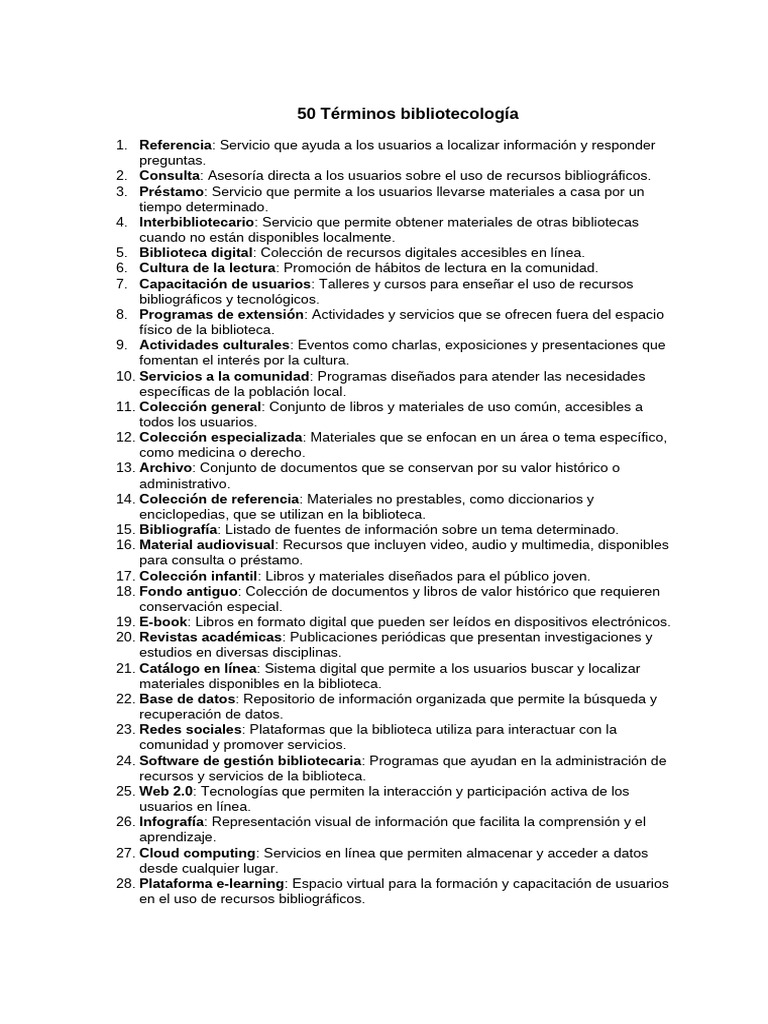 50 Términos Clave en Bibliotecología | PDF | Bibliotecas | Acceso abierto