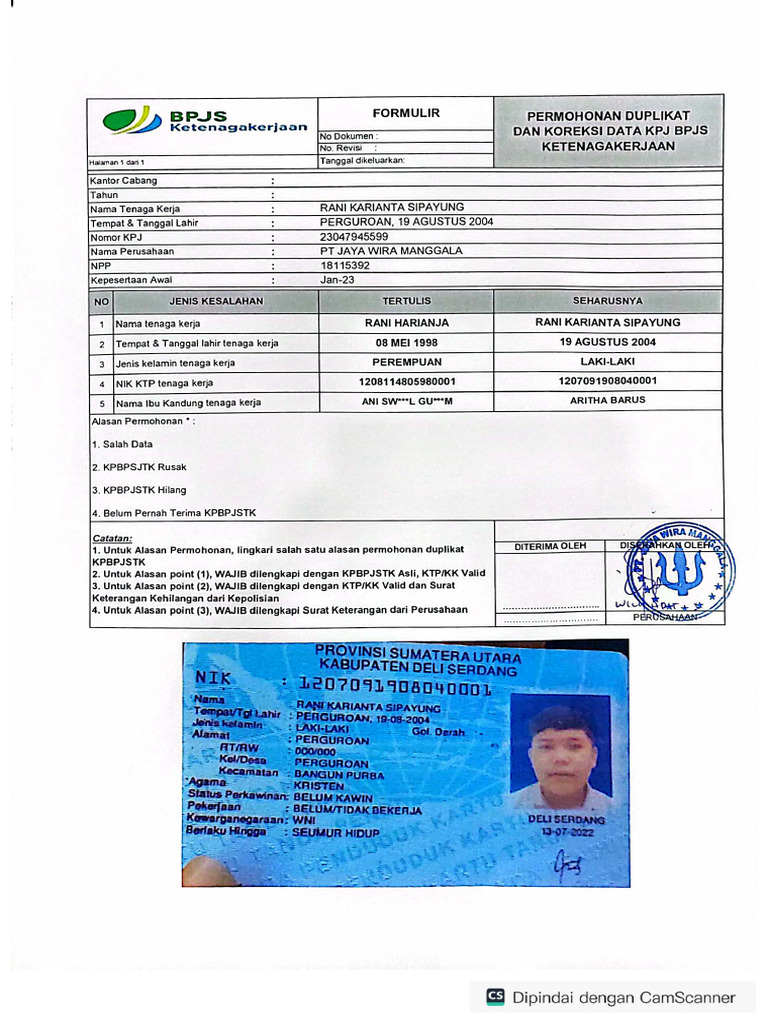 Fomulir Koreksi BPJS TK Rani Karianta Sipayung-1 | PDF