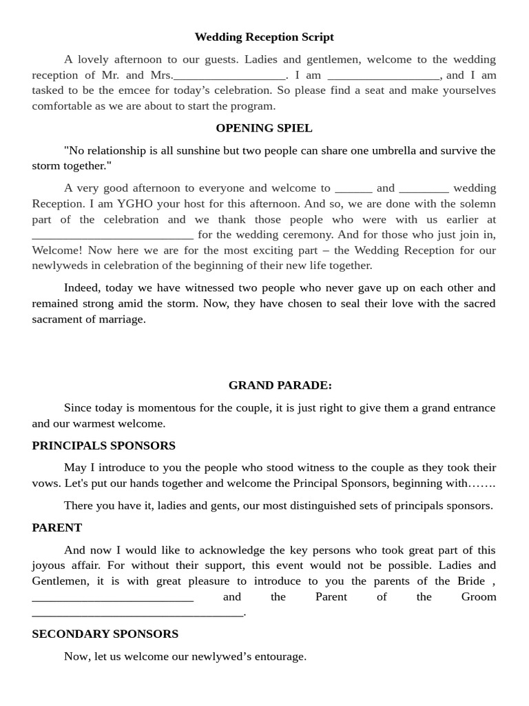 Ygho-Wedding Reception Script | PDF | Wedding | Bride