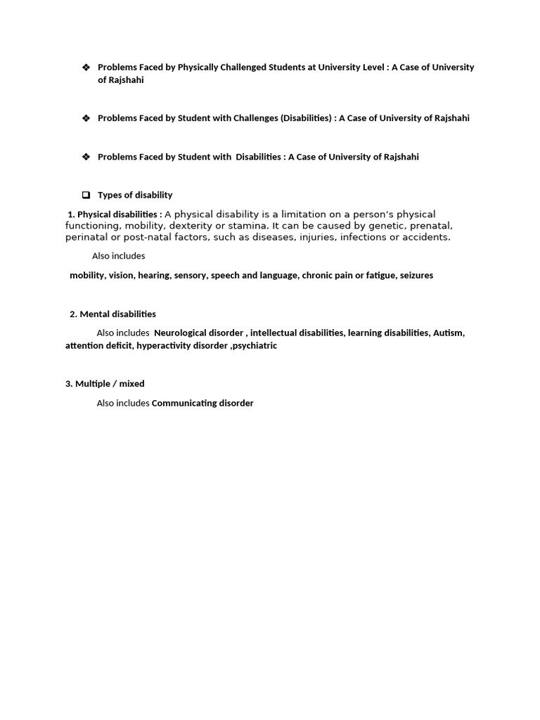 Problems Faced by Physically Challenged Students at Universi | PDF ...