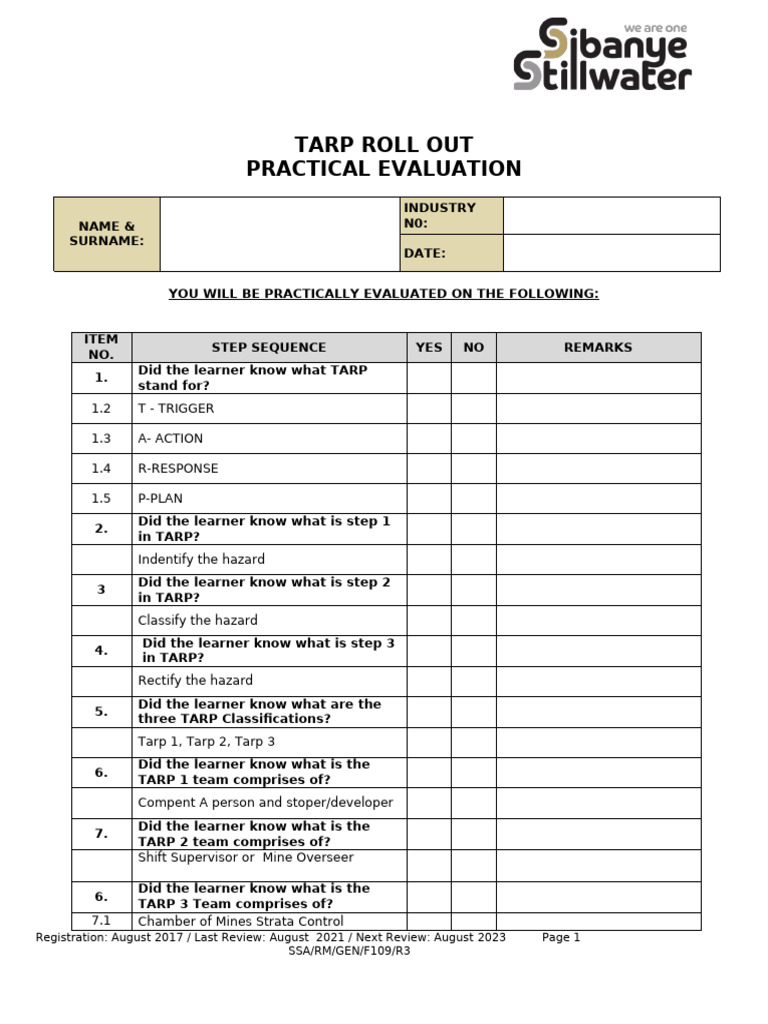 F109 - TARP Roll Out - Practical Evaluation | PDF