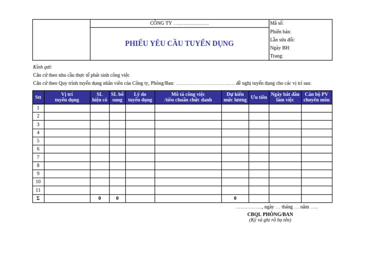 NS-02-BM01-Phieu Yeu Cau Tuyen Dung | PDF