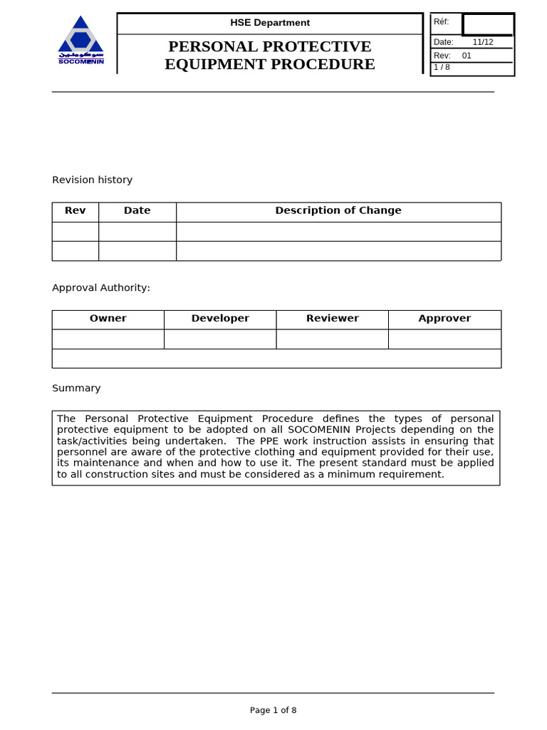 Personal Protective Equipment Procedure: Rev Date Description of Change ...