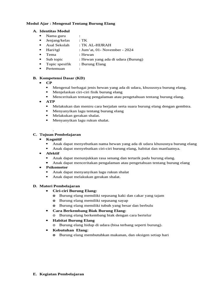 Modul Ajar Burung Elang Kelas A | PDF
