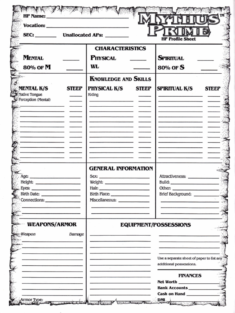 Dangerous Journeys Mythus Prime Sheet | PDF