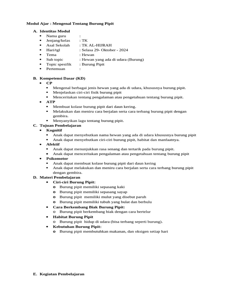 Modul Ajar Burung Pipit Kelas A | PDF