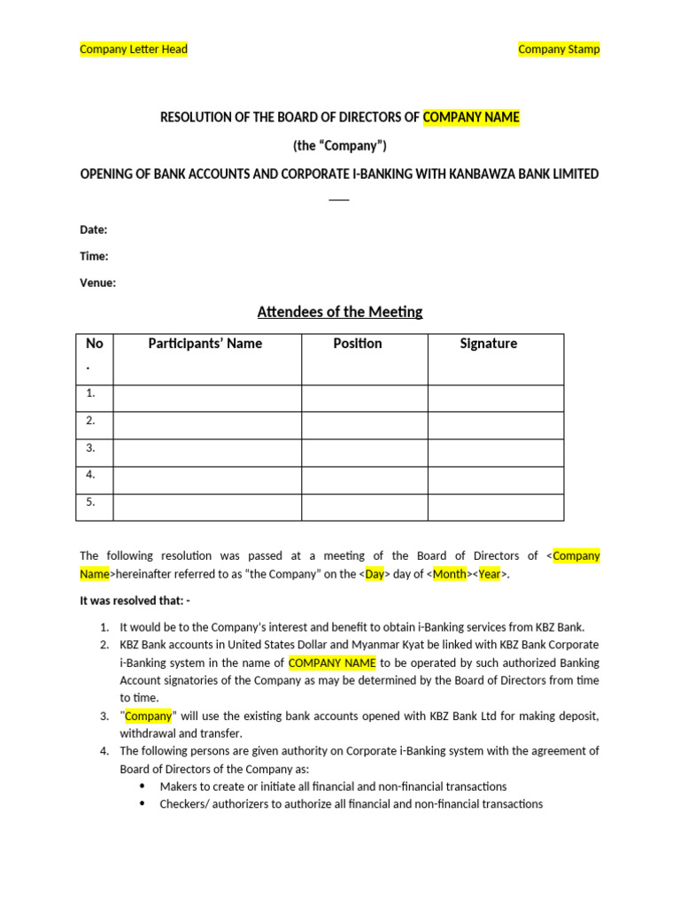 1.BOD Resolution Form For Ibanking - English1 | PDF | Banks | Financial ...