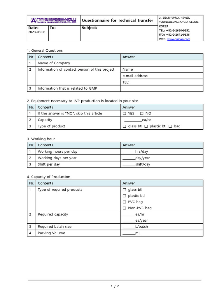 Questionnaire for technical transfer_230306 | PDF