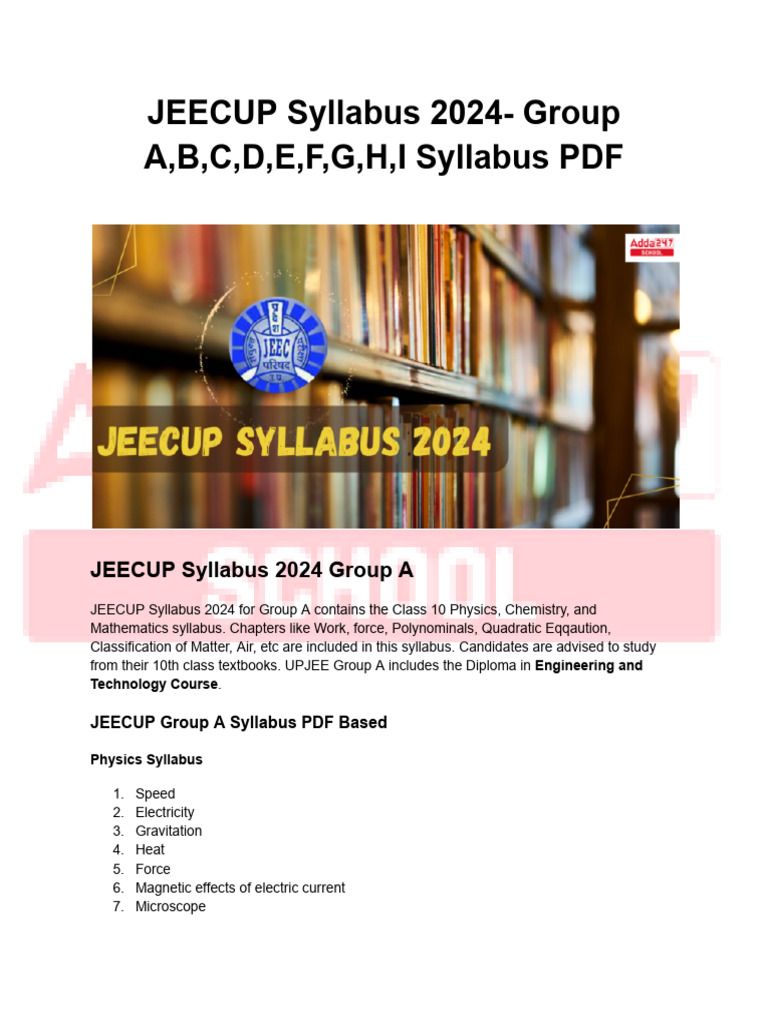 JEECUP Syllabus 2024 Group ABCDEFGHI Syllabus PDF | PDF | Chemistry ...