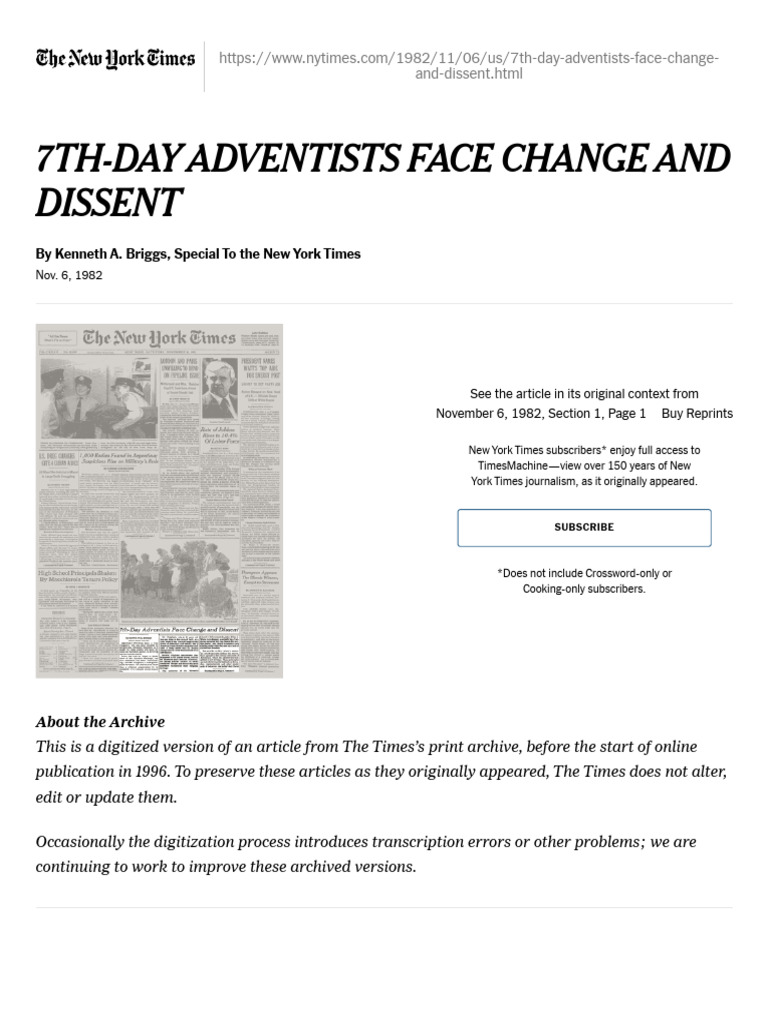 7th-Day Adventists Face Change and Dissent - The New York Times | PDF ...