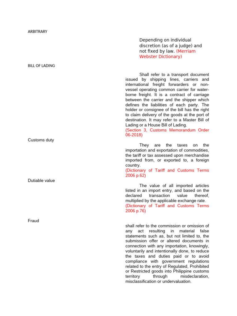 Glossary | PDF | Customs | Bill Of Lading