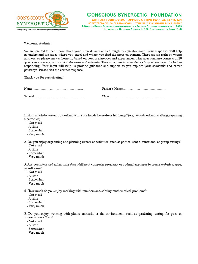 Student's Questionnaire | PDF | Cognition | Cognitive Science