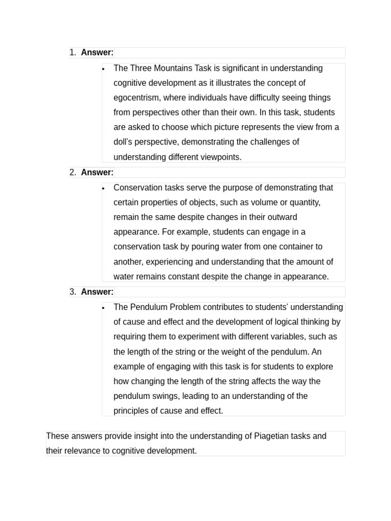 Answers To Piagetian Tasks Comprehension Questions | PDF | Science & Mathematics