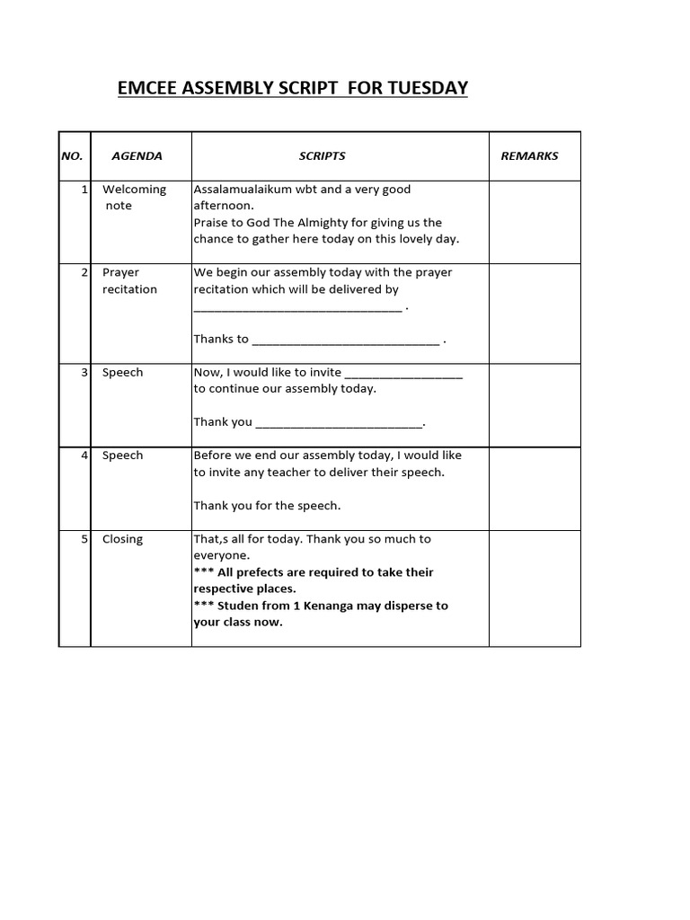Emcee Assembly Script For Tuesday | PDF | Language Arts & Discipline