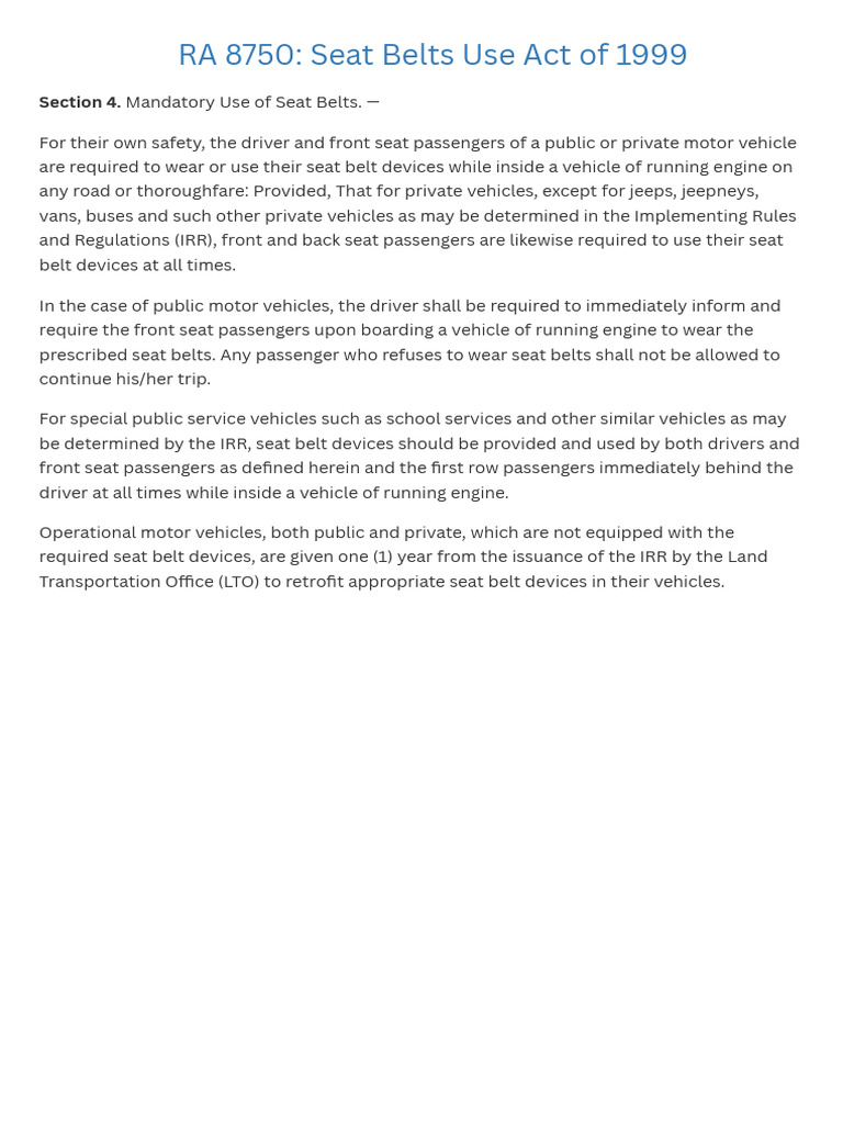 RA 8750 Seat Belts Use Act of 1999 | PDF