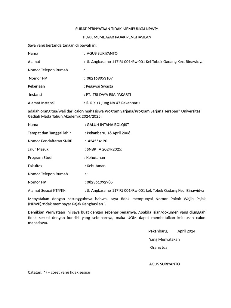 Surat Pernyataan Tidak Mempunyai NPWP | PDF