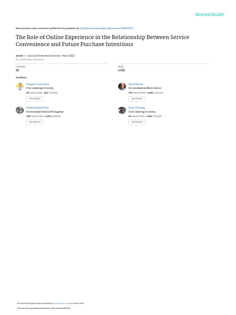 The Roleof Online Experienceinthe Relationship Between Service Convenienceand Future Purchase ...