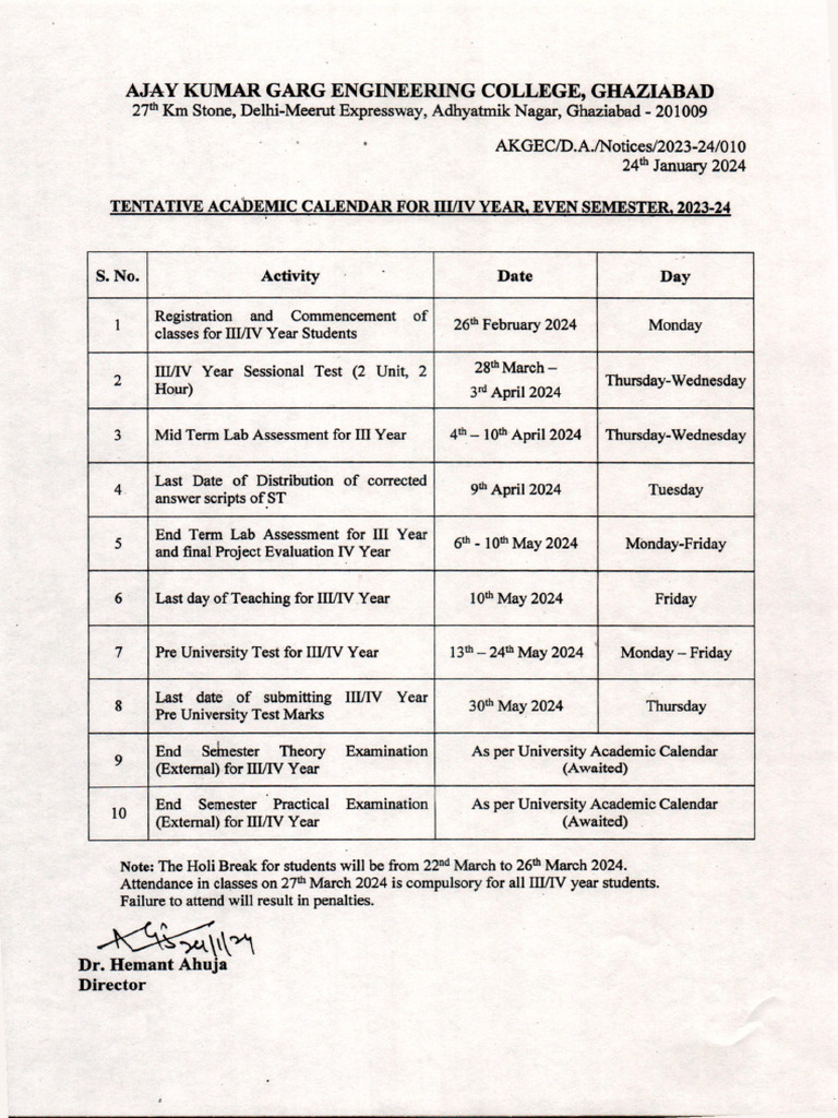 AKGEC Academic Calendar 2023-24 | PDF