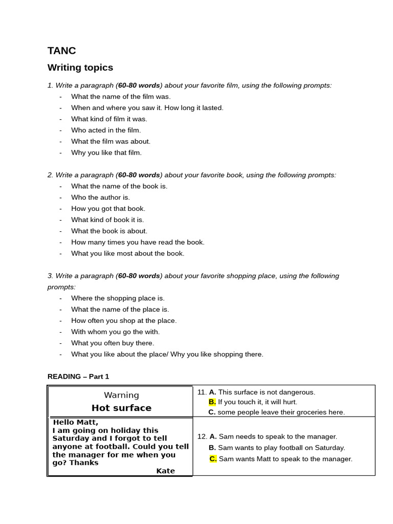 Avnc (A2) - Writing Topics | PDF