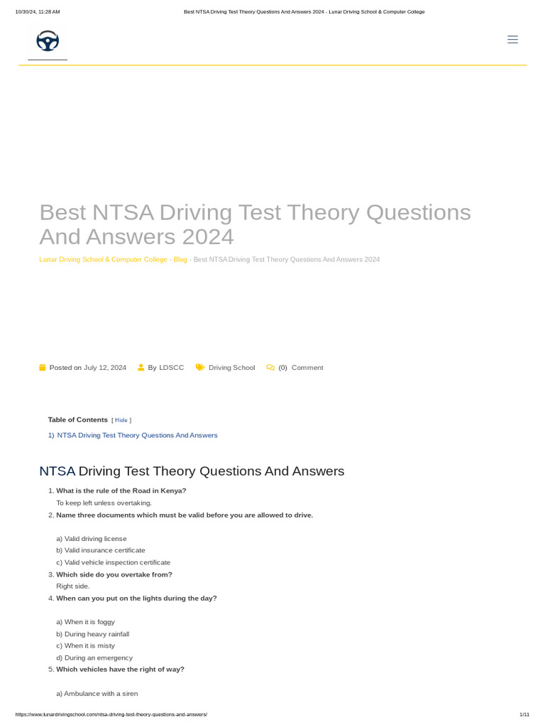 Best NTSA Driving Test Theory Questions and Answers 2024 - Lunar ...