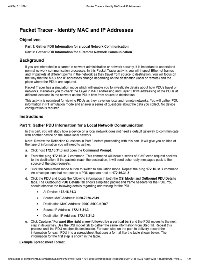 Packet Tracer - Identify MAC and IP Addresses | PDF | Computer Network | Internet Protocols
