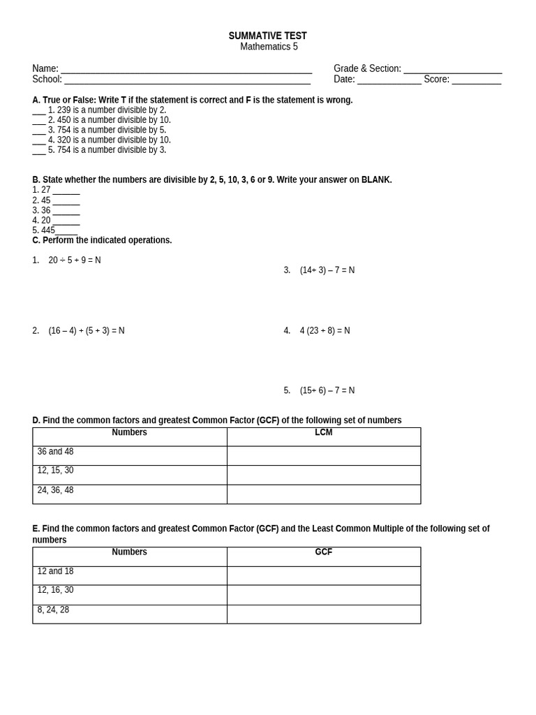 Mathematics 5 Summative Test Guide | PDF