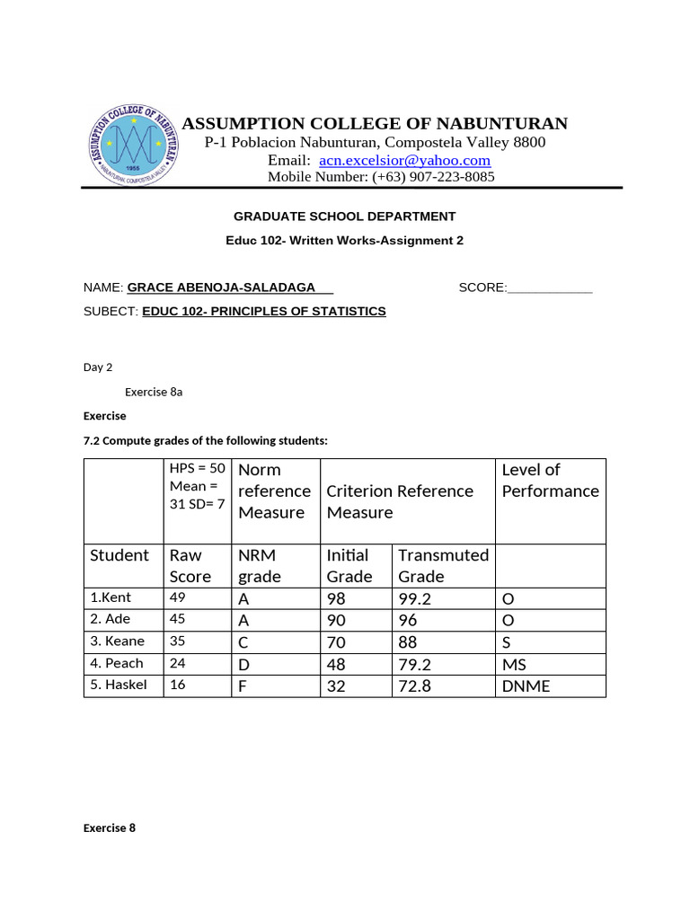 SALADAGA, G.Educ 102-ASSIGNMENT 2 | PDF | Standard Deviation | Cognition