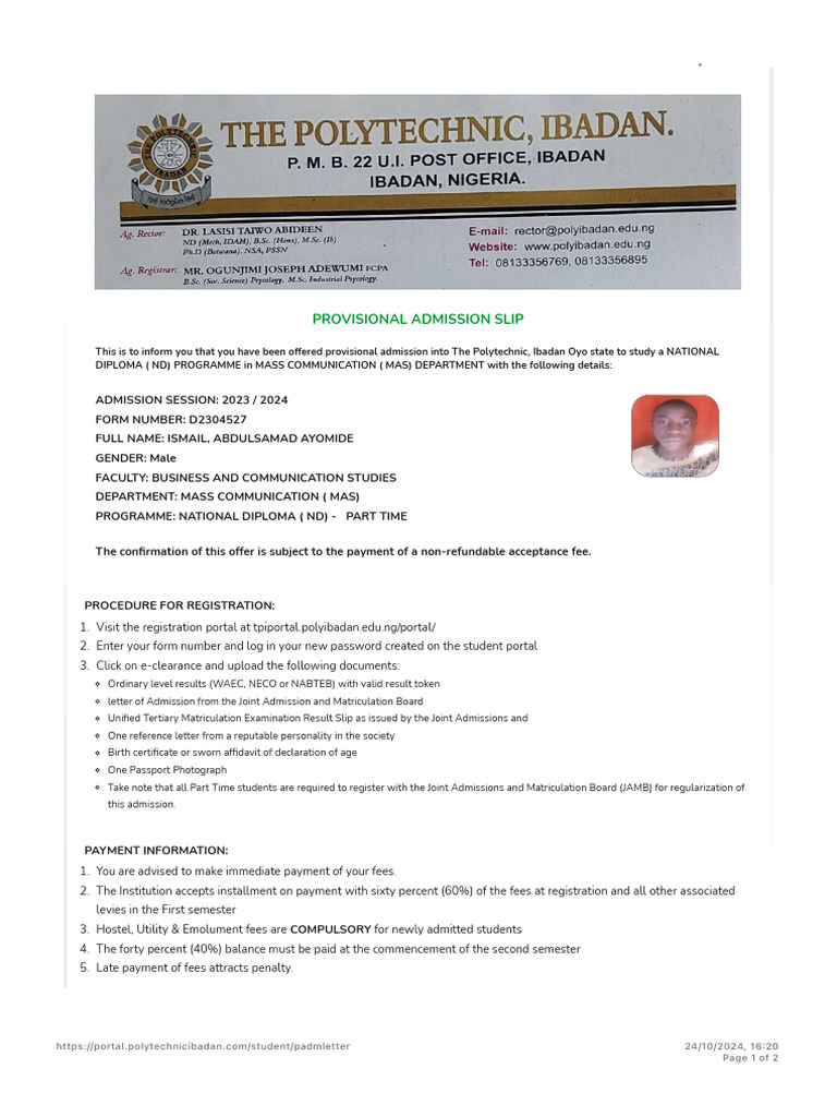 Poly Ibadan ND Registration Guide | PDF | Educational Stages | Qualifications