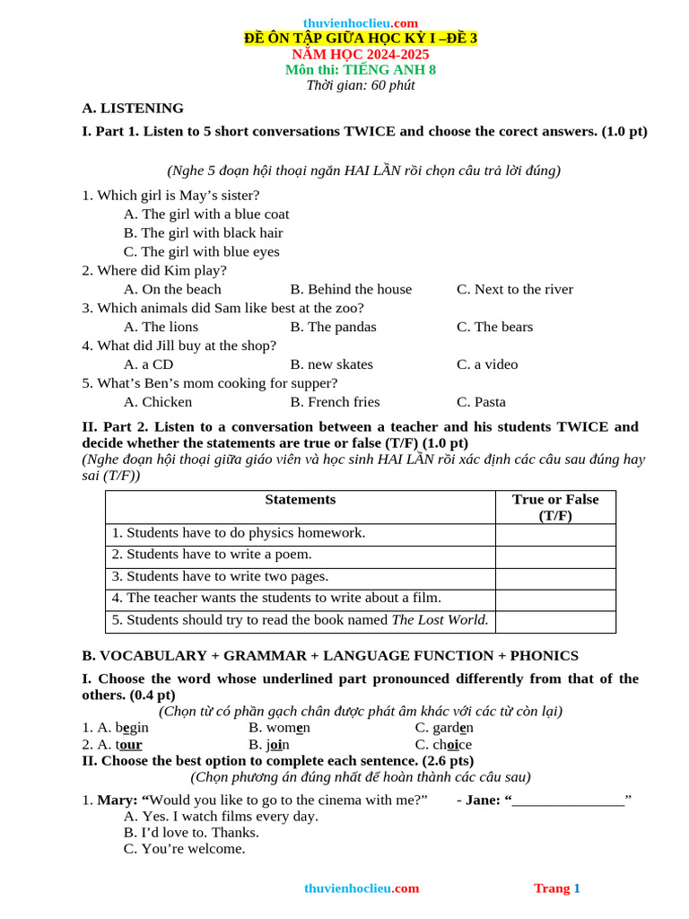 De Kiem Tra Giua HK1 Anh 8 Global Success de 3 | PDF | Adolescence