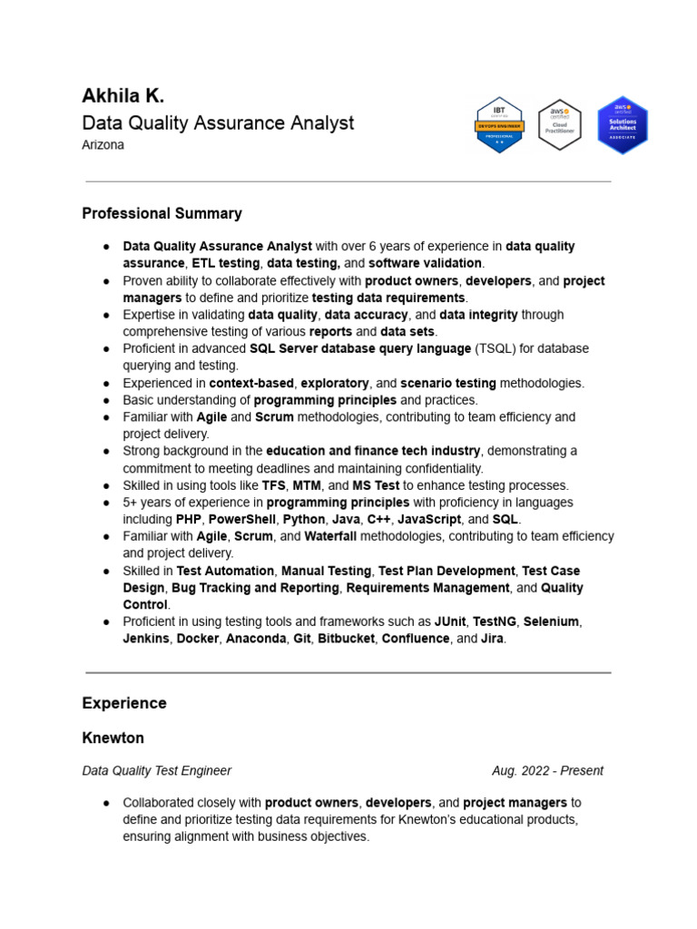 Akhila K - Data Quality Assurance Analyst | PDF | Software Development ...