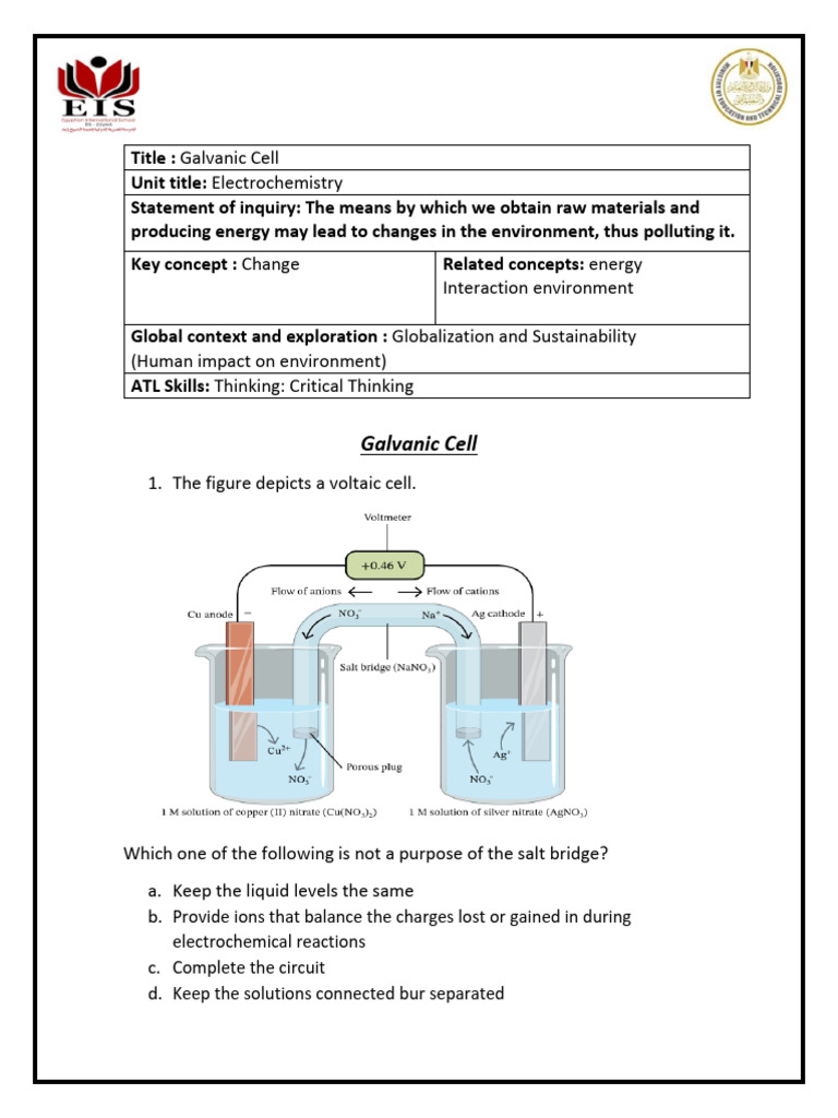 Galvanic Cell Worksheet | PDF | Electrochemistry | Redox