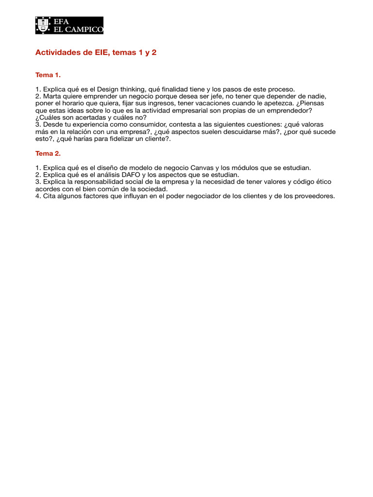 Actividades de EIE, Temas 1 y 2: Tema 1 | PDF