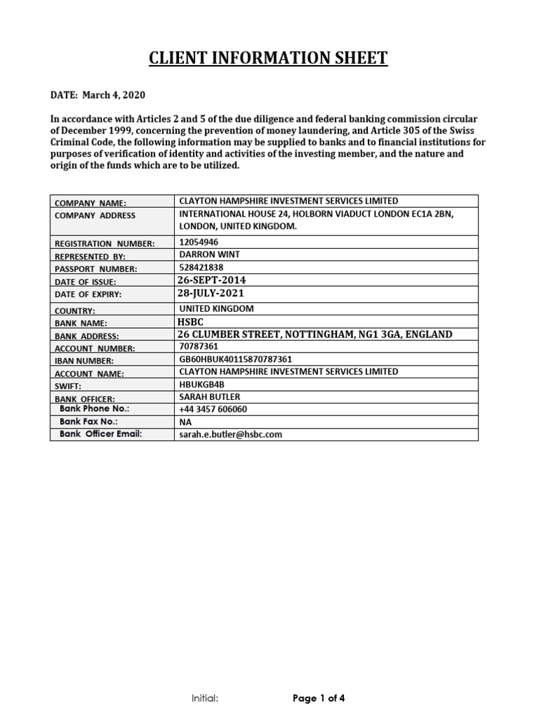 HSBC Clumber Street Client Info Sheet | PDF