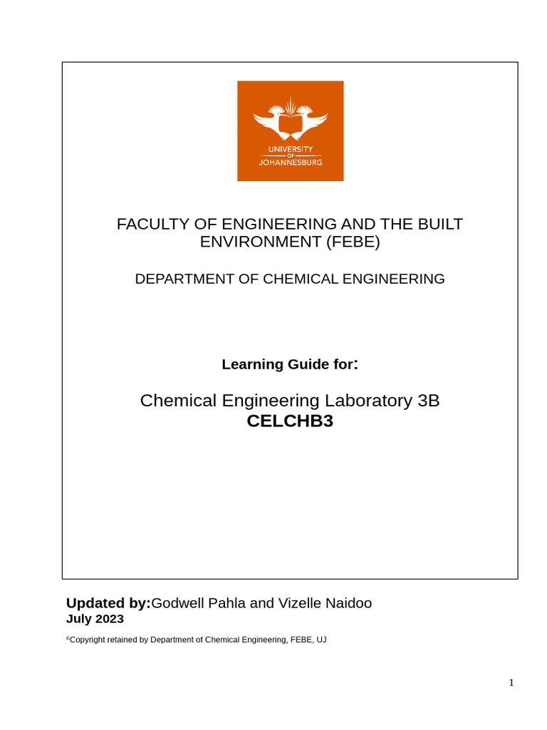 2023 - CELCHB3 - Chemical Engineering Laboratory 3B Study Guide | PDF | Plagiarism | Engineering