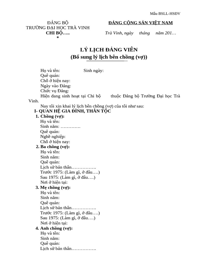 Mau BSLL HSDV Bo Sung Ly Lich Dang Vien Ket Hon 2 | PDF
