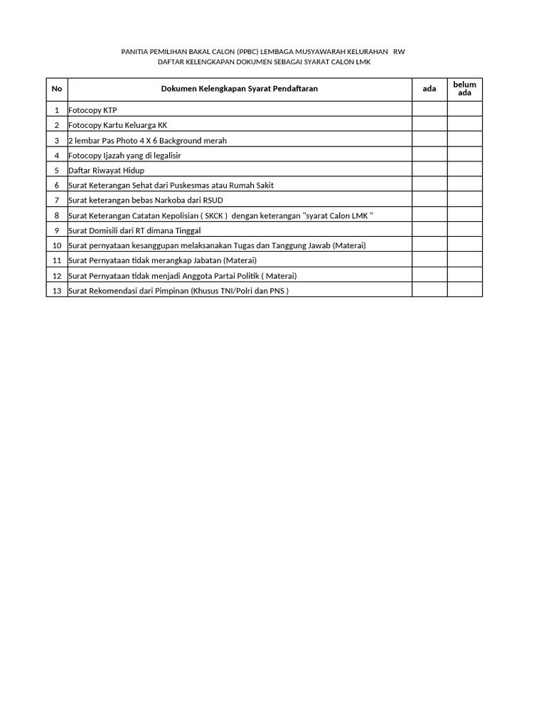 Check List Dokumen LMK | PDF