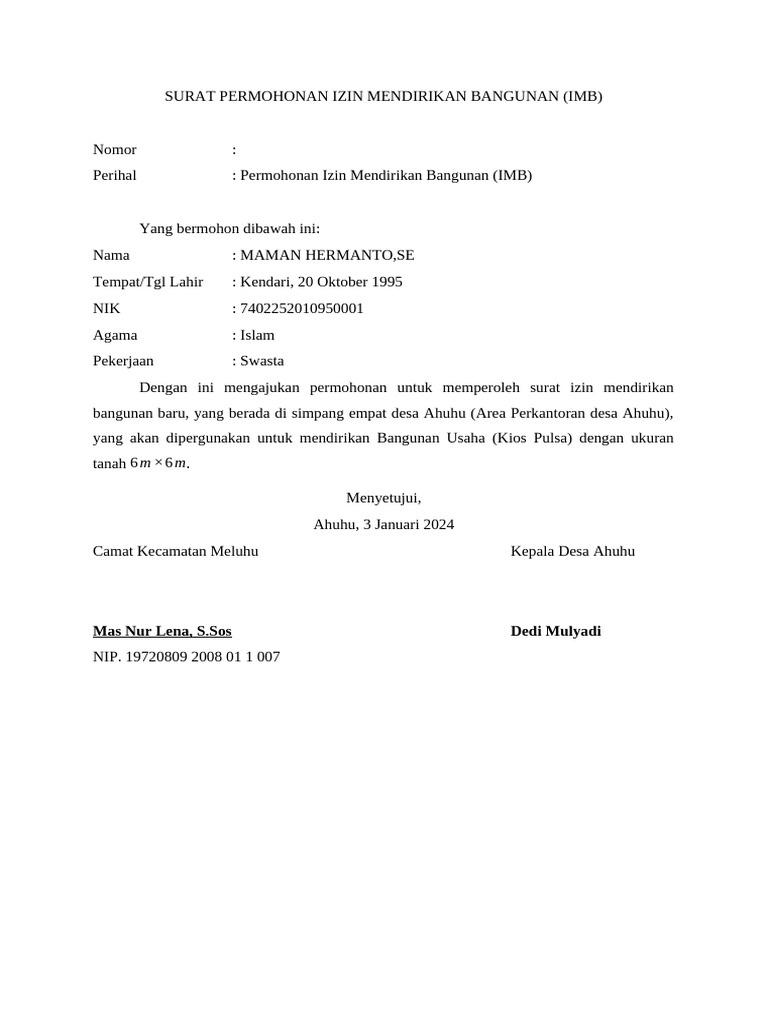 Surat Permohonan Izin Mendirikan Bangunan | PDF