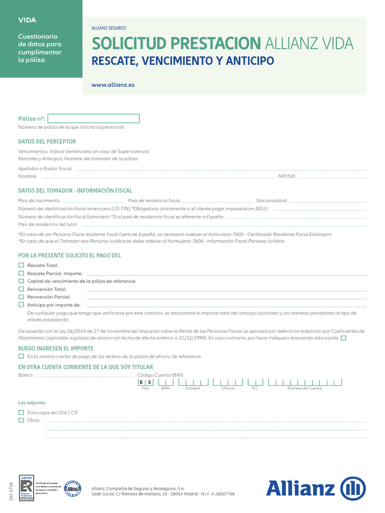 ALLIANZ VIDA Solicitud de Prestación Allianz Vida | PDF | Póliza de seguros | Seguro