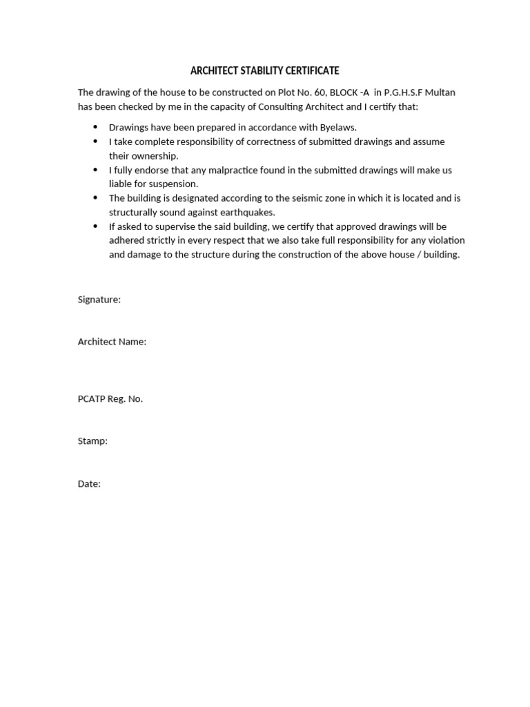 Architect Stability Certificate for Plot 60 | PDF