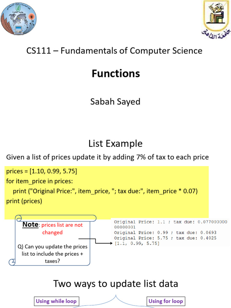 CS111 2020 SWPart Lect12 Python Functions | PDF | Control Flow | Computer Programming