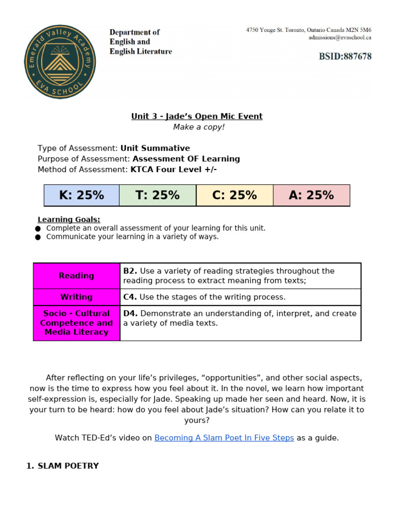 ESLDO Unit 3 - Jade's Open Mic Event - Docx David Yao | PDF | Poetry ...