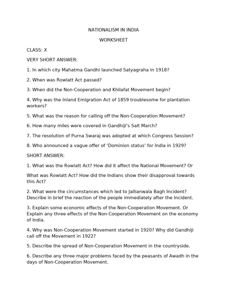 Nationalism in India: Class 10 Worksheet | PDF | Mahatma Gandhi ...