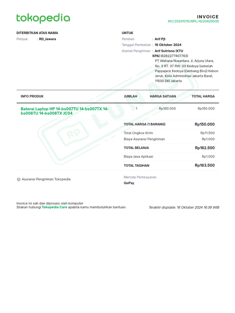 Invoice - Tokopedia Baterai Laptop HP KTU | PDF