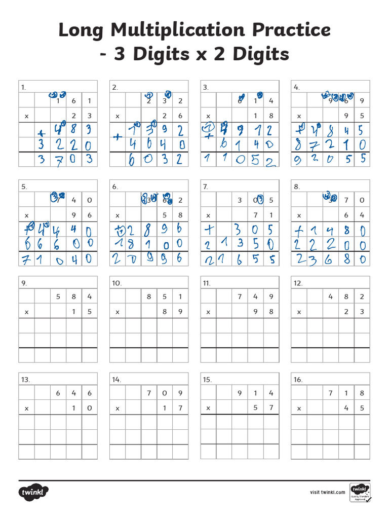 3 Digits X 2 Digits: Long Multiplication Practice | PDF | Teaching ...