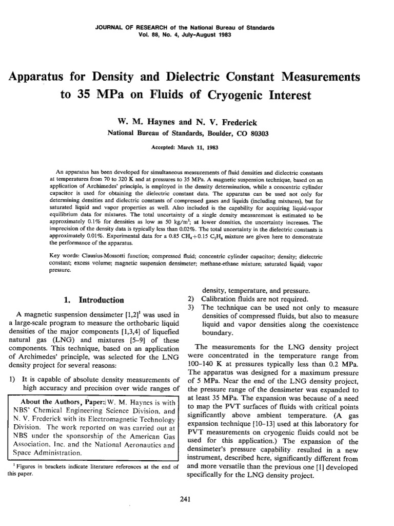 To 35 Mpa On Fluids of Cryogenic Interest: Apparatus For Density and Dielectric Constant ...