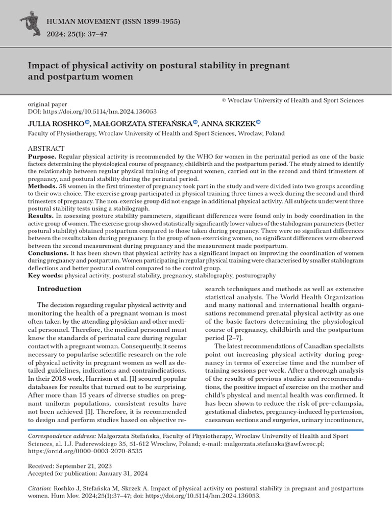 Impact of Physical Activity On Postural Stability in Pregnant and ...