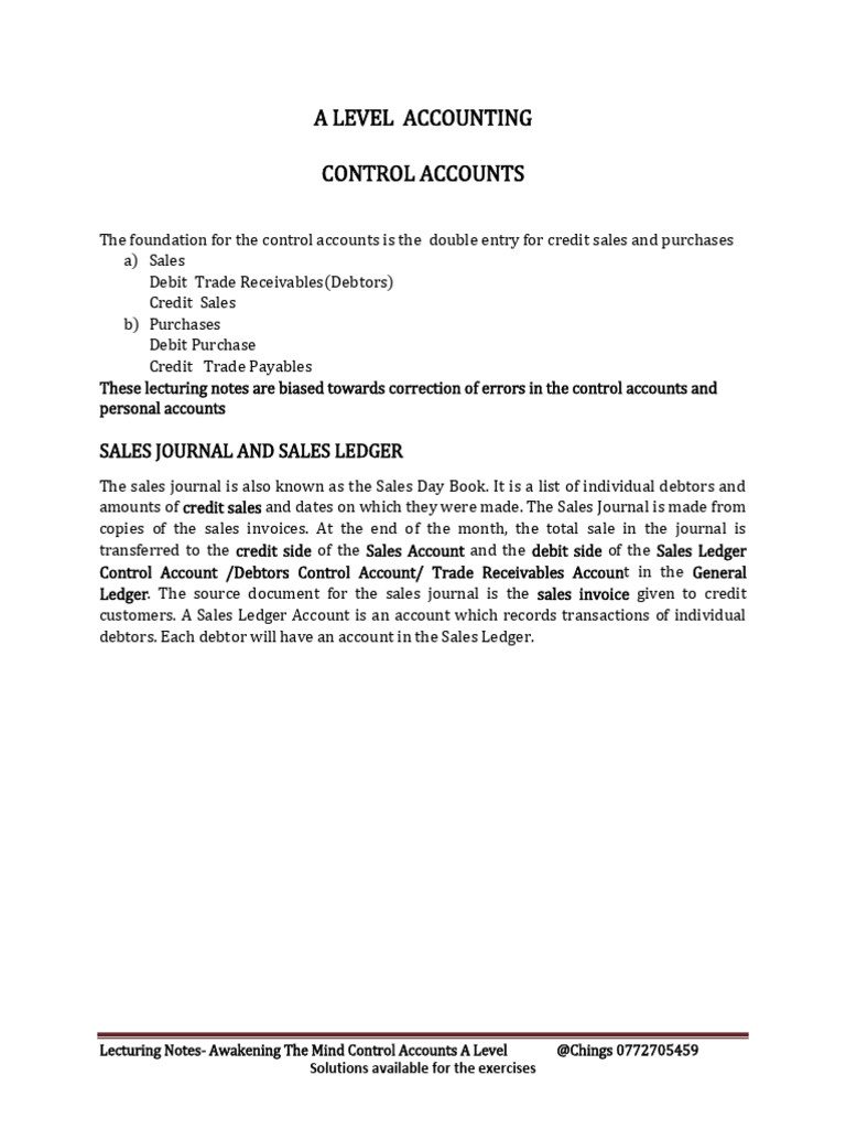 Control Accounts A Level Accounting Pdf Debits And Credits Business