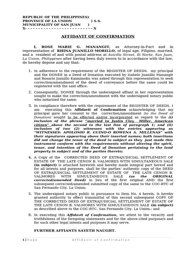 AFFIDAVIT OF CONFIRMATION HEIRS OF CENON VALMORES 2ND TRANSMITTAL July ...